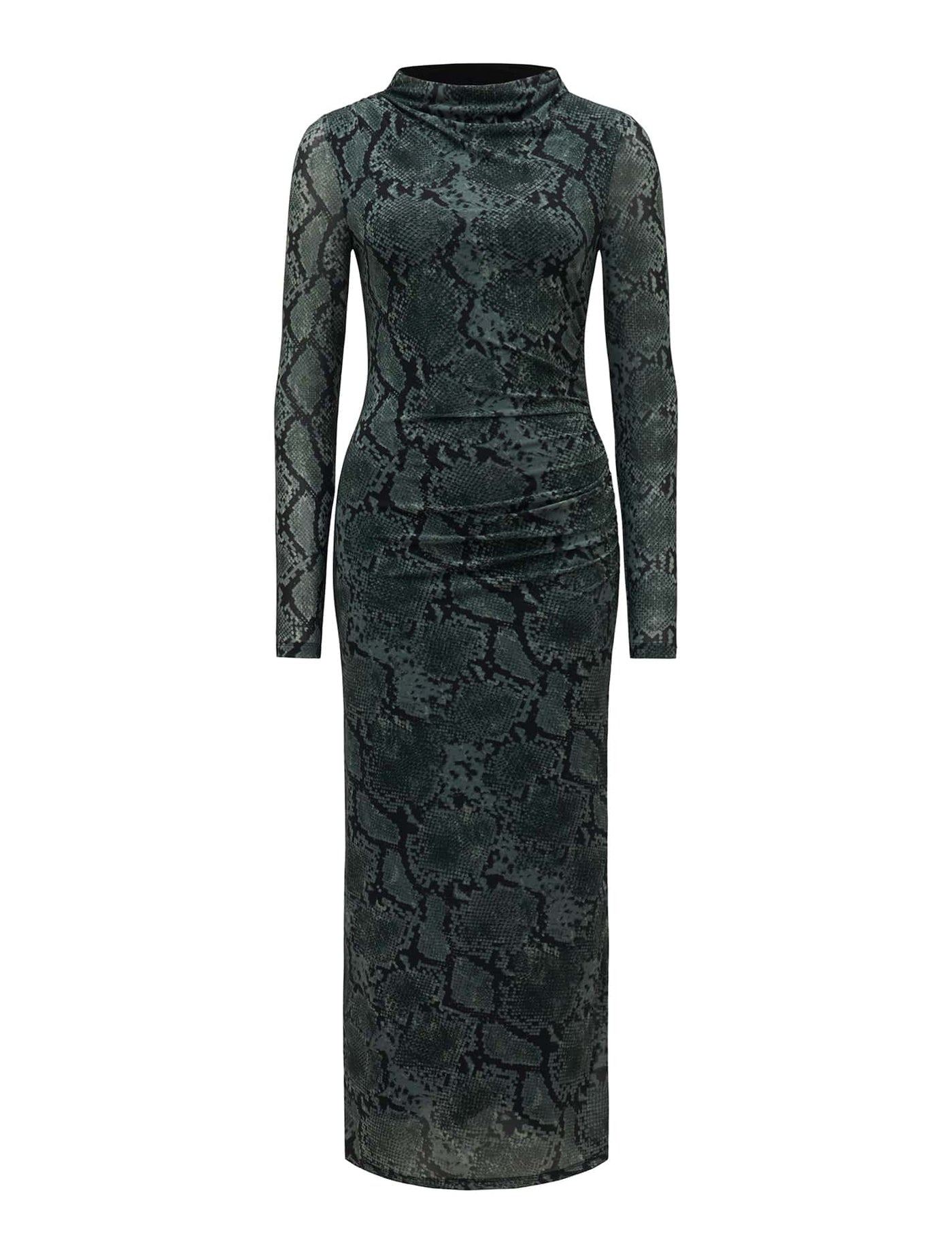 Loretta Ruched Side Midi Dress Green Sepia Snake | Forever New Loretta Ruched Side Midi Dress Green Sepia Snake | Forever New