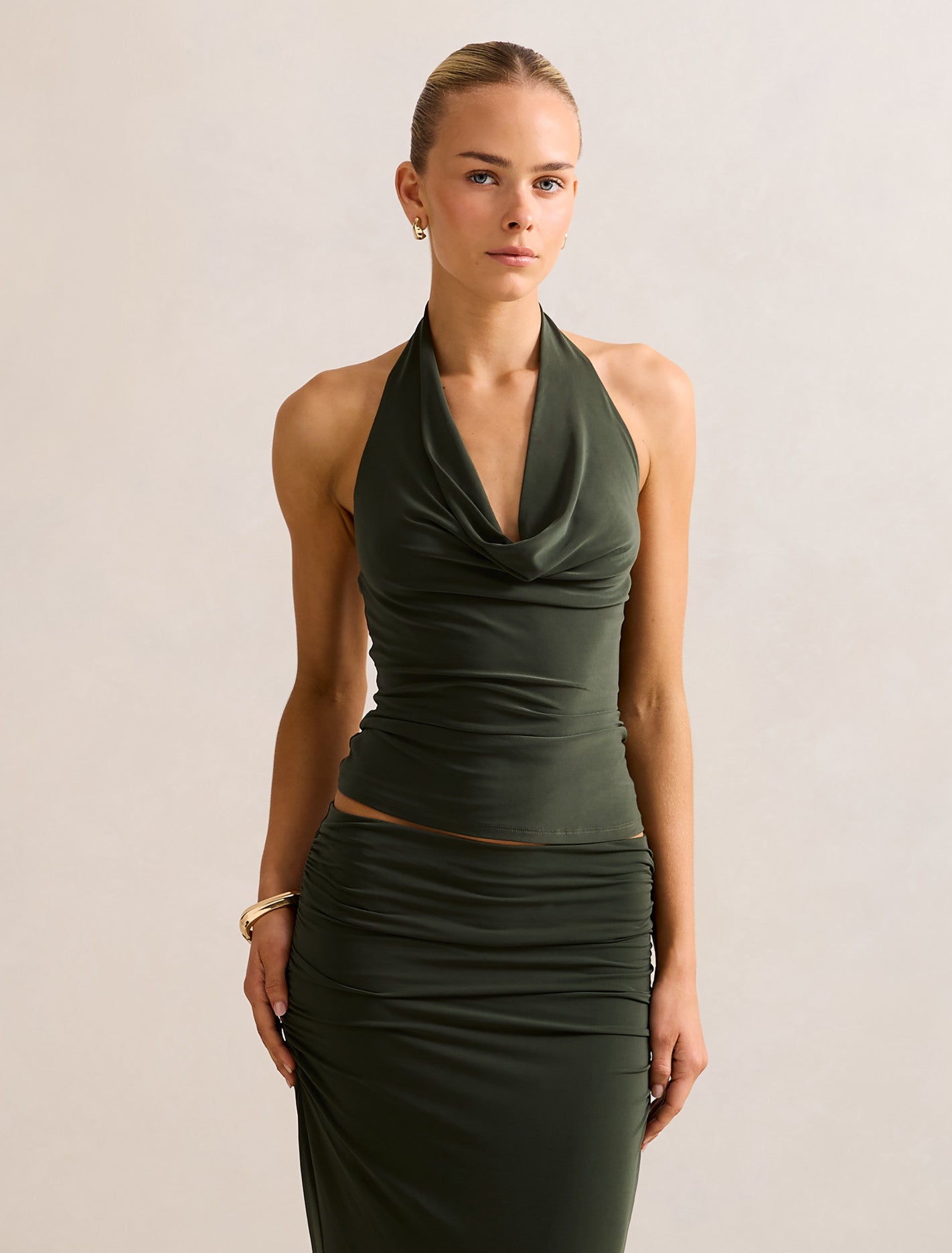 Della Cowl Halter Top Thyme Green Co-ord | Forever New